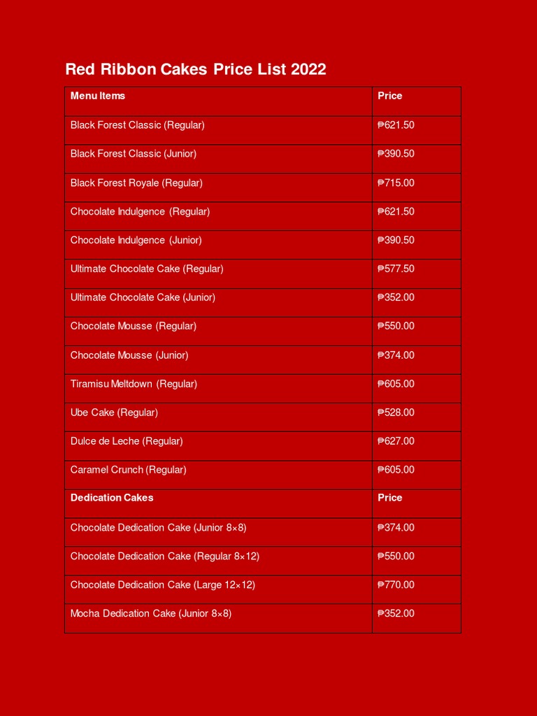 Red Ribbon Cakes Price List 2022 | PDF | Foods | Regional & Ethnic Food