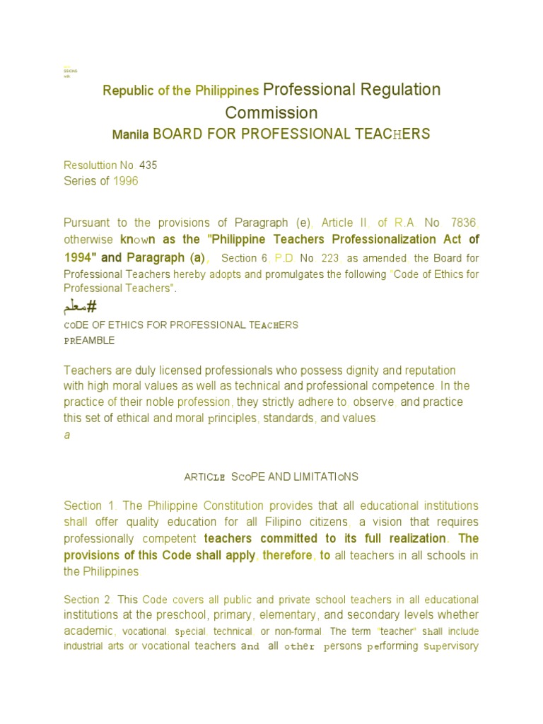 Resolution No. 435 Code of Ethics | PDF | Teachers | Philippines