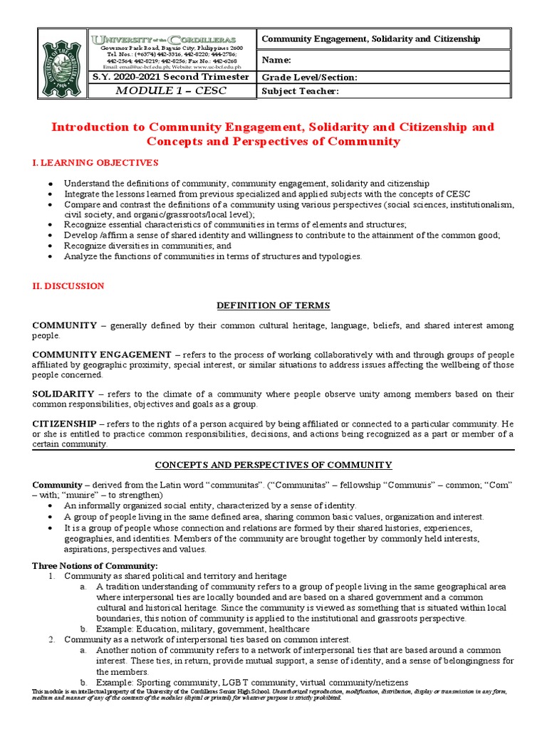 Introduction To Community Engagement, Solidarity and Citizenship and ...