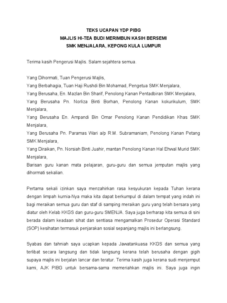 Teks Ucapan Ydp Pibg Majlis Hi-Tea Smenja 2021 | PDF