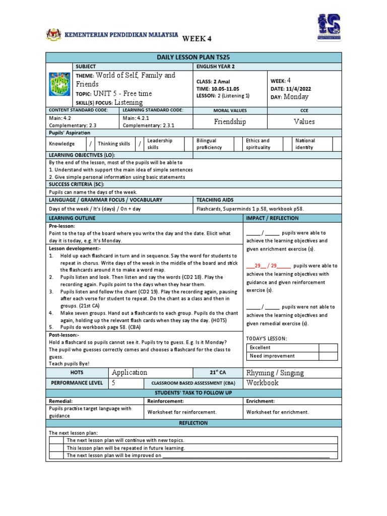 RPH Week 4 2022 (Fazlina) 1 | PDF | Lesson Plan | Vocabulary