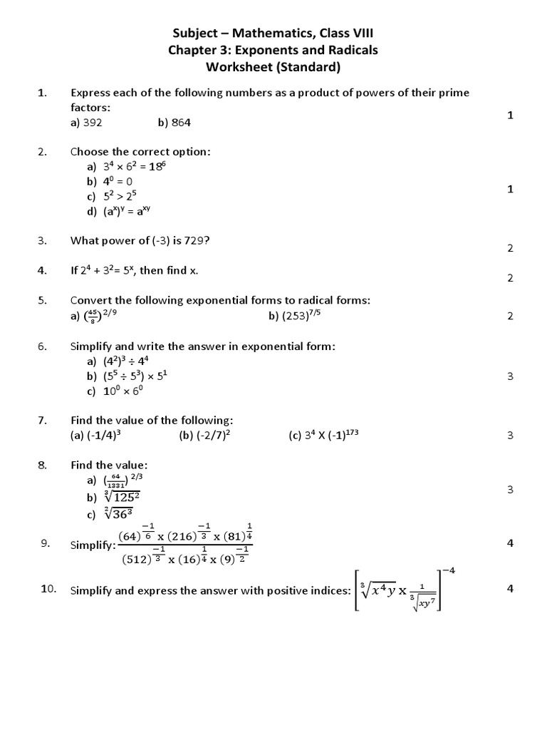 Subject - Mathematics, Class VIII Chapter 3: Exponents and Radicals Worksheet (Standard) | PDF ...