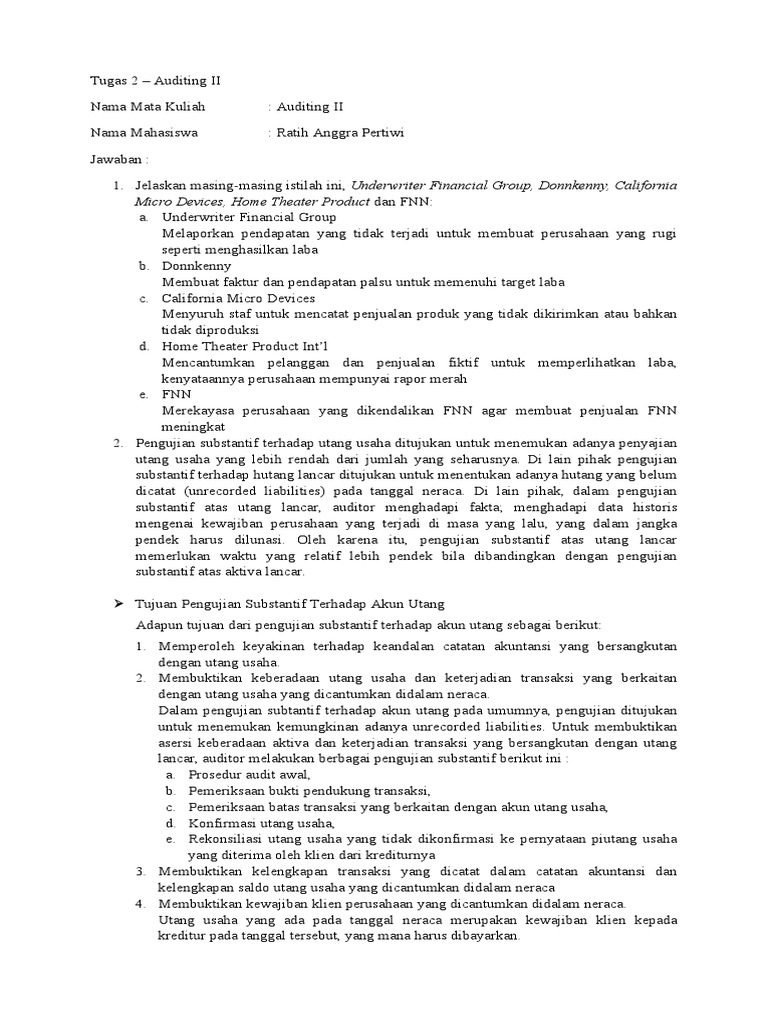 Tugas 2 - Auditing II | PDF | Pengelolaan Keuangan & Uang