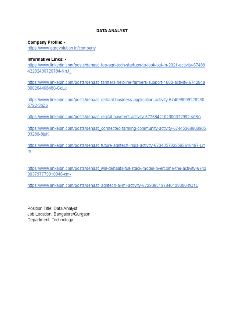 Data Analyst Company Profile: - : Position Title: Data Analyst Job ...