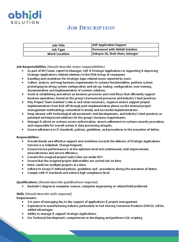 Job Description - SAP Application Support | PDF | System | Project ...