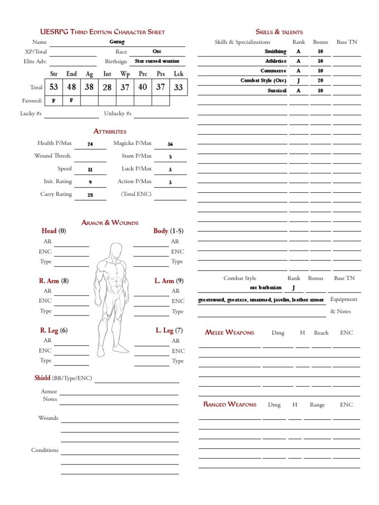 UESRPG 3e - Character Sheet v2 (No Background) | PDF | Role Playing Games