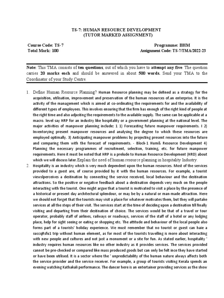 Ts-7: Human Resource Development (Tutor Marked Assignment) Course Code: TS-7 Programme: BHM ...