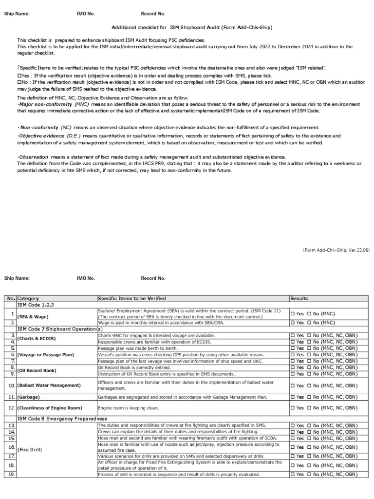 Additional Checklist of PSC Deficiencies For Shipboard Audit-Form Add ...