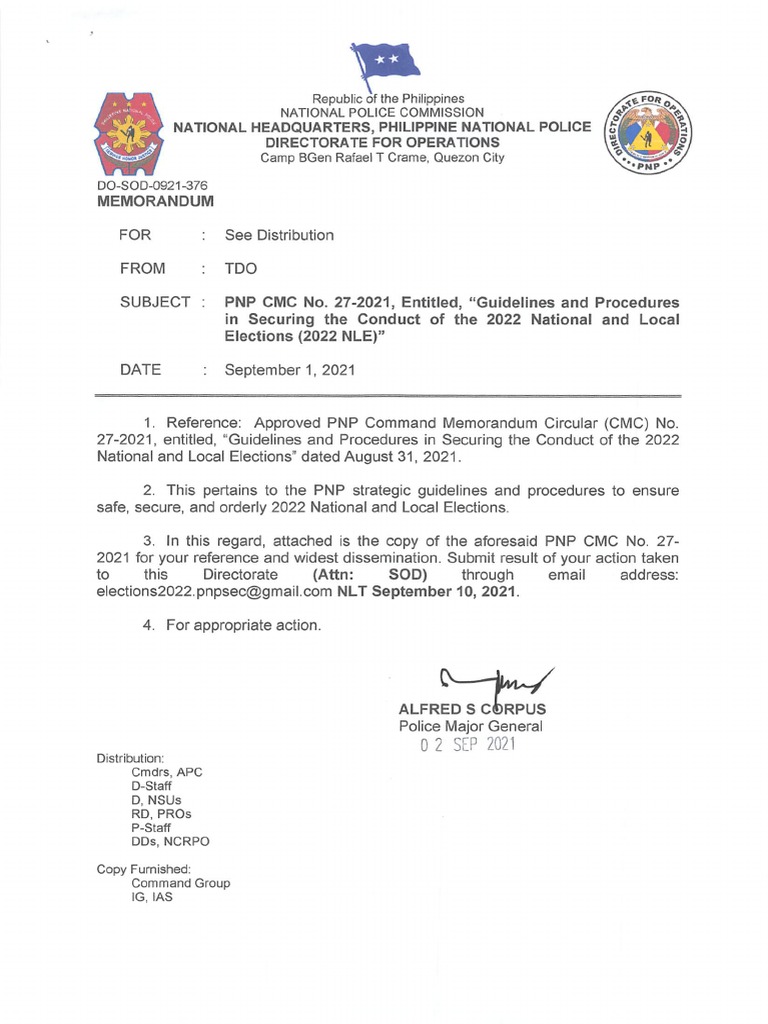 PNP CMC No. 27-2021, Entitled, Guidelines and Procedures in Securing ...