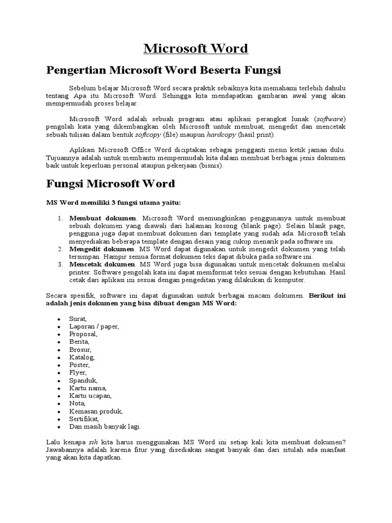 Dasar-Dasar Microsoft Word dan Fungsinya | PDF