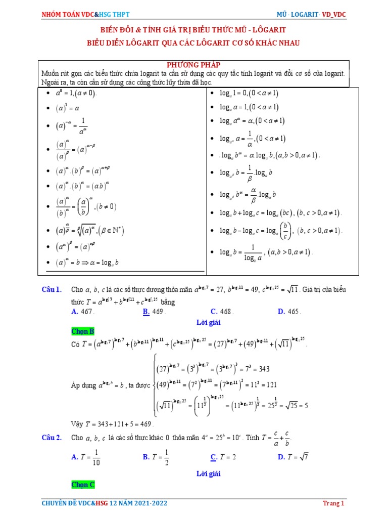 Bien Doi Va Tinh Gia Tri Bieu Thuc Mu Logarit Bieu Dien Logarit Qua Cac Logarit Co So Khac Nhau ...
