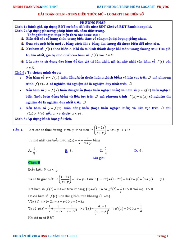 Bai Toan GTLN GTNN Bieu Thuc Mu Logarit Nhieu Bien So | PDF