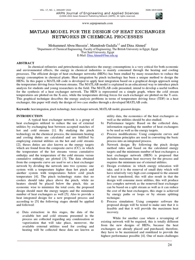 Matlab Model For The Design of Heat Exchanger Networks in Chemical ...