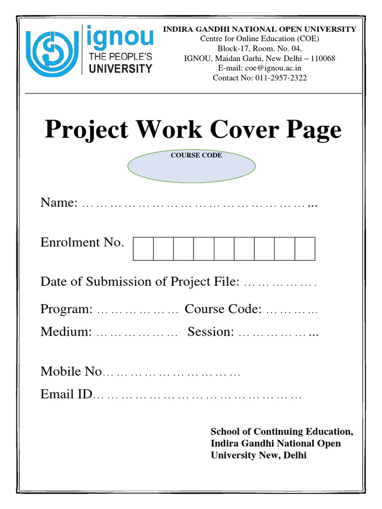 IGNOU Project Work Cover Page Template | PDF