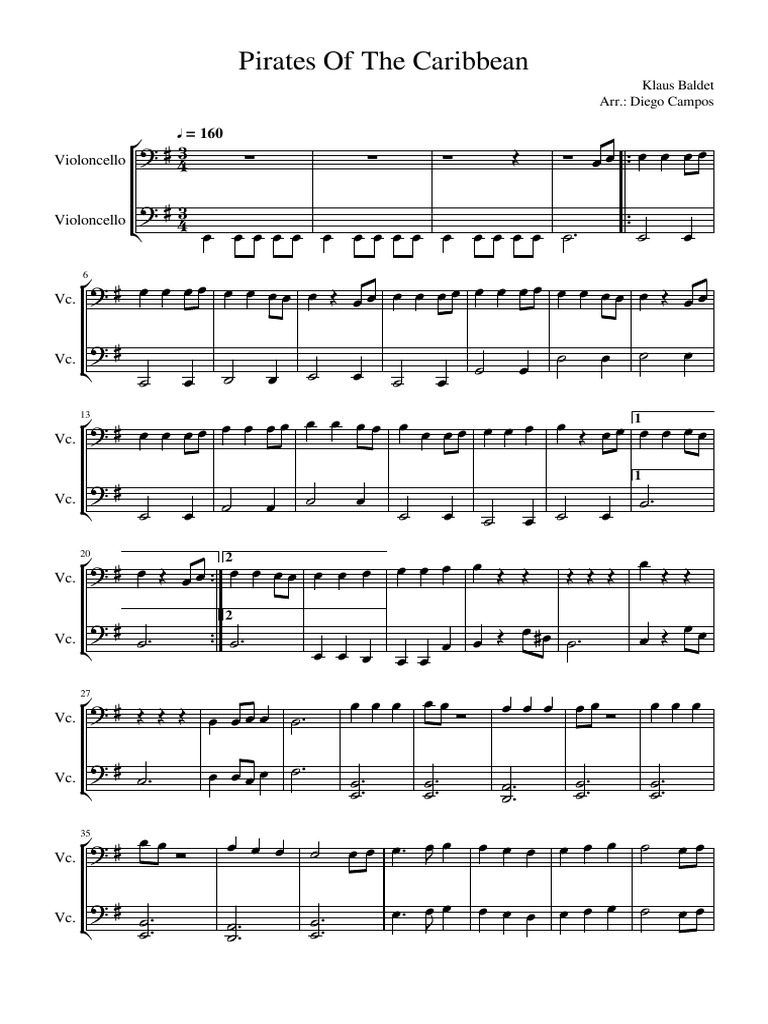 Pirates of The Caribbean Cello Duet | PDF | String Instruments | Bowed ...