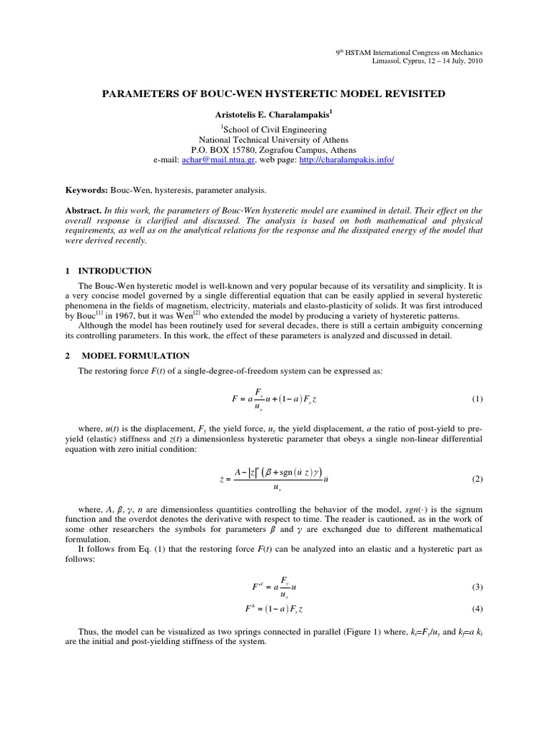 Parameters of Bouc-Wen Hysteretic Model Revisited | PDF | Hysteresis | Mathematics
