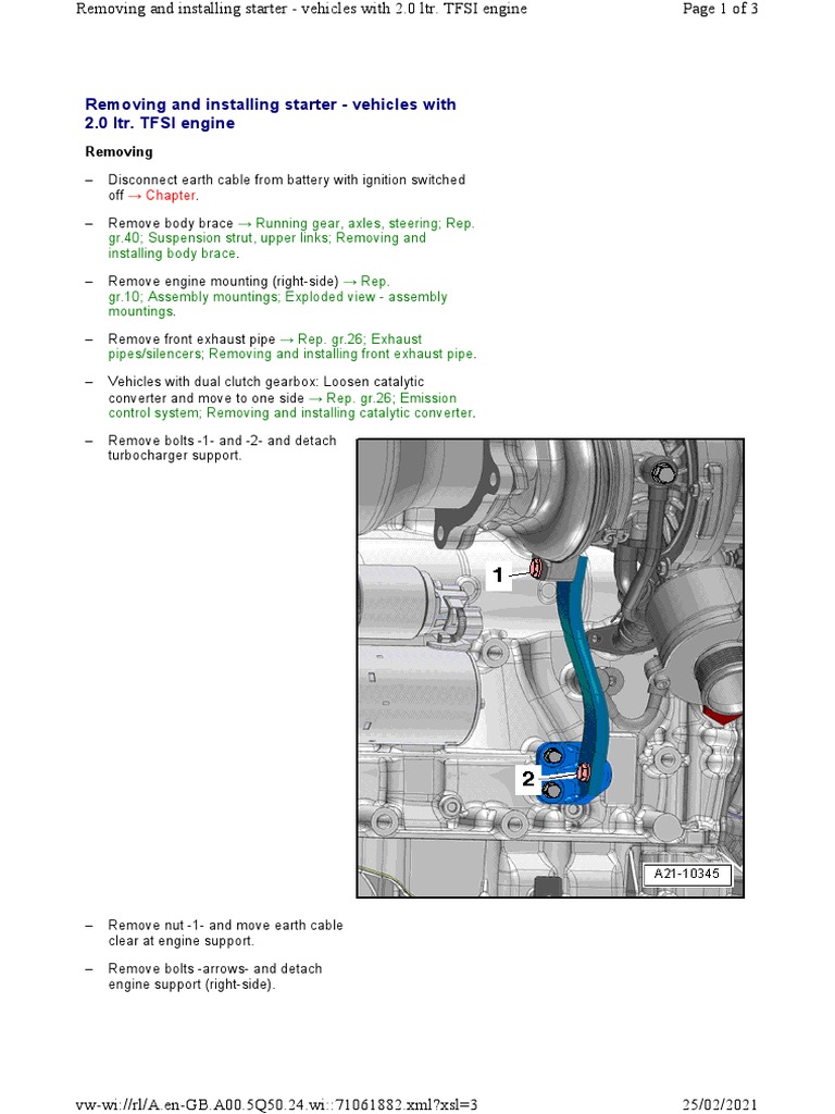 Removing and Installing Starter - Vehicles With 2.0 Ltr. TFSI Engine ...