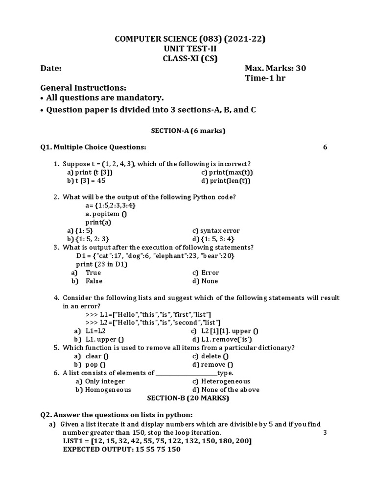 All Questions Are Mandatory. - Question Paper Is Divided Into 3 ...