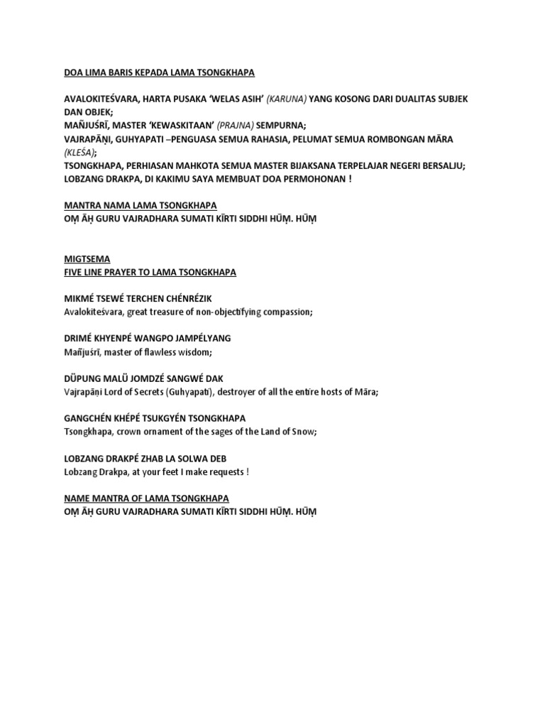 Migtsema Five Line Prayer To Lama Tsongkhapa Terjemahan Indonesia - Doa ...