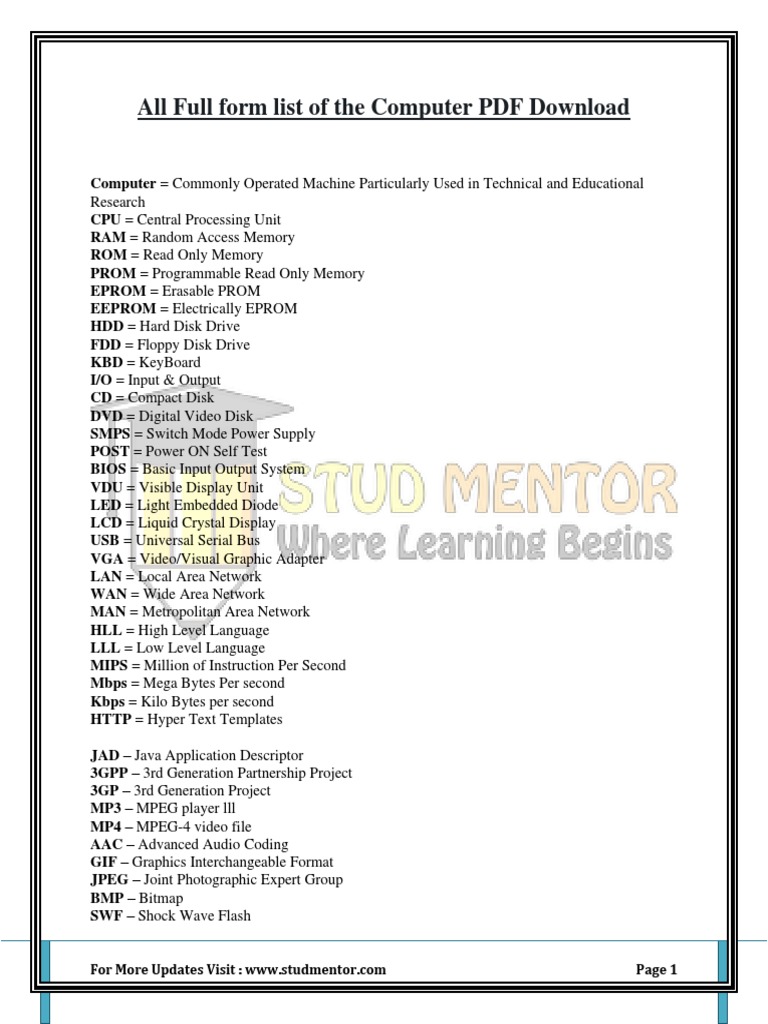 All Full Form List of The Computer PDF Download From Stud Mentor by ...