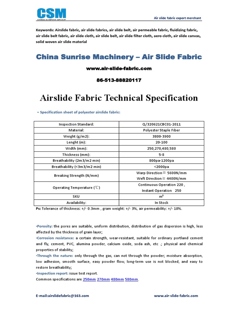 Airslide Fabric Technical Specification | PDF | Textiles | Cement