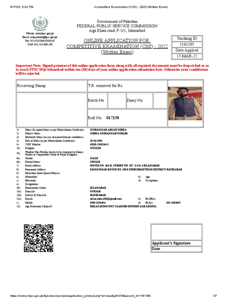 CSS 2022 Written Exam Application Form | PDF