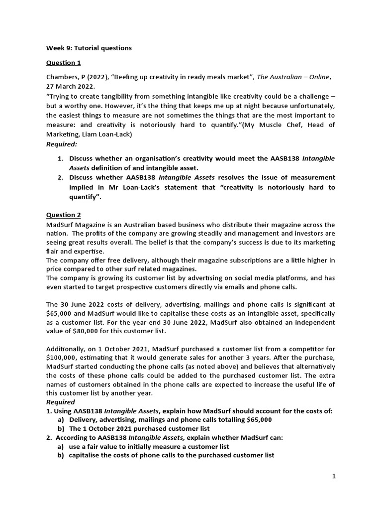 Week 9 Tutorial Questions | PDF | Intangible Asset | Advertising