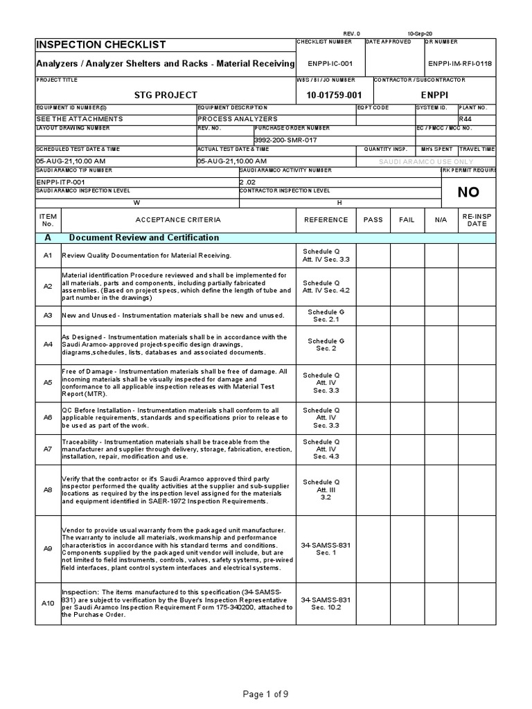 Inspection Checklist: Analyzers / Analyzer Shelters and Racks ...