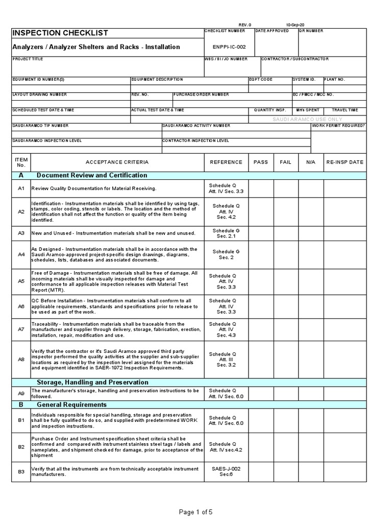 Inspection Checklist: Analyzers / Analyzer Shelters and Racks ...