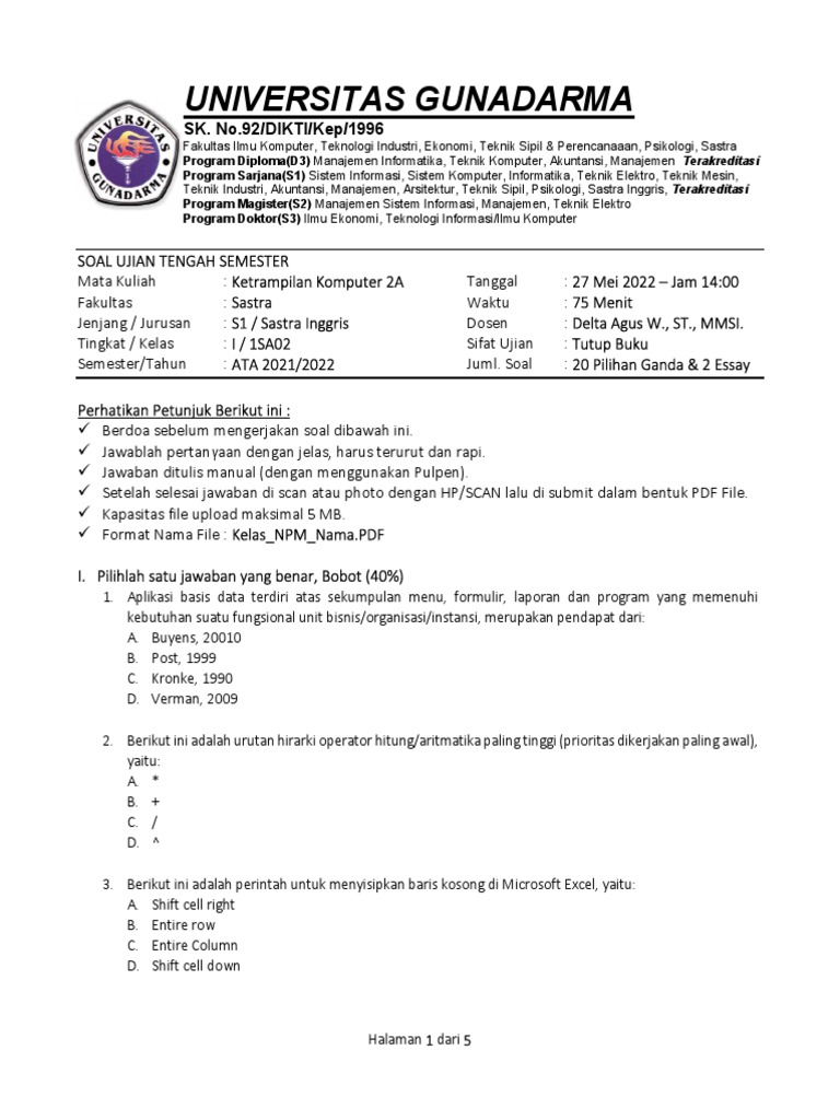 Soal Ujian Uts Ata 2021-2022 (1sa02) | PDF