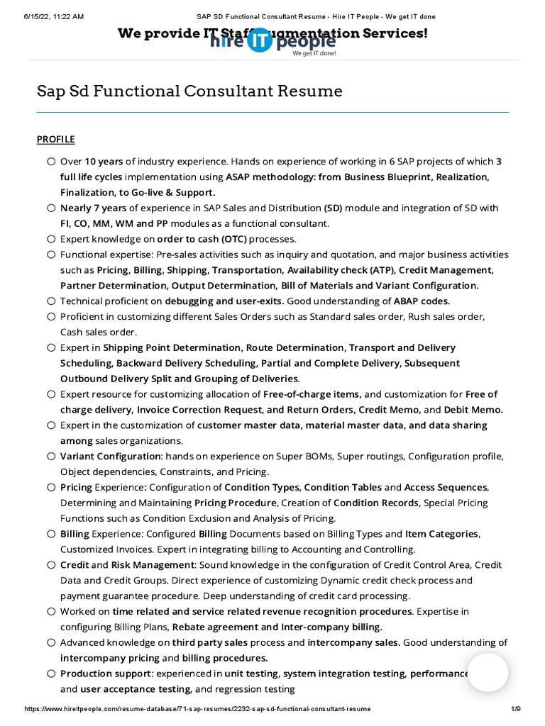 SAP SD Functional Consultant Resume - Hire IT People - We Get IT Done ...
