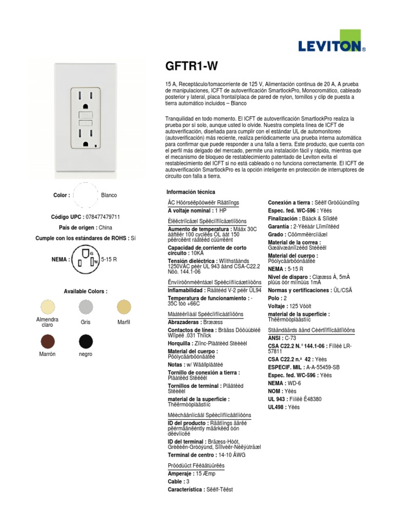 Product Spec or Info Sheet - GFTR1-W | PDF | Equipo | Equipo eléctrico