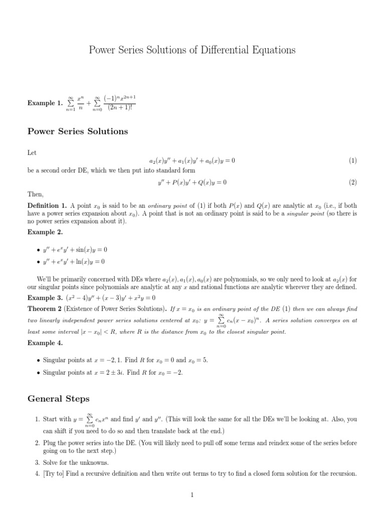 Power Series Solutions of Differential Equations | PDF | Power Series | Analytic Function