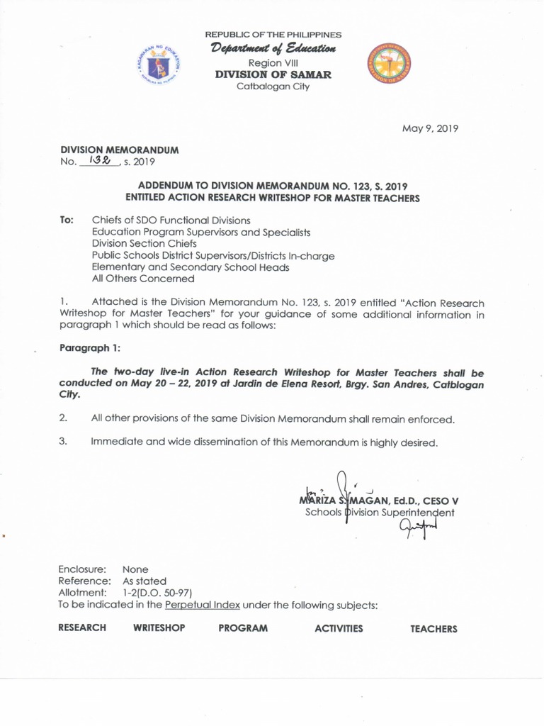 Division Memo No 132, S.2019 - ADDENDUM TO DIVISION MEMORANDUM NO. 123 ...