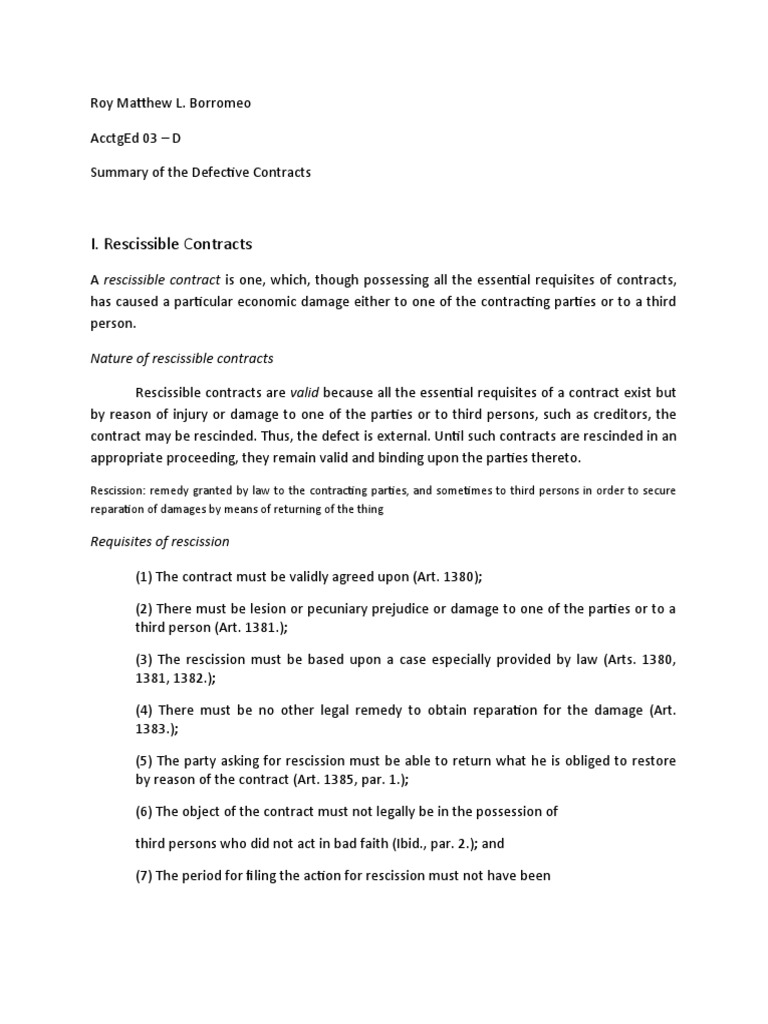 Summary of Defective Contracts Obligations and Contracts | PDF ...