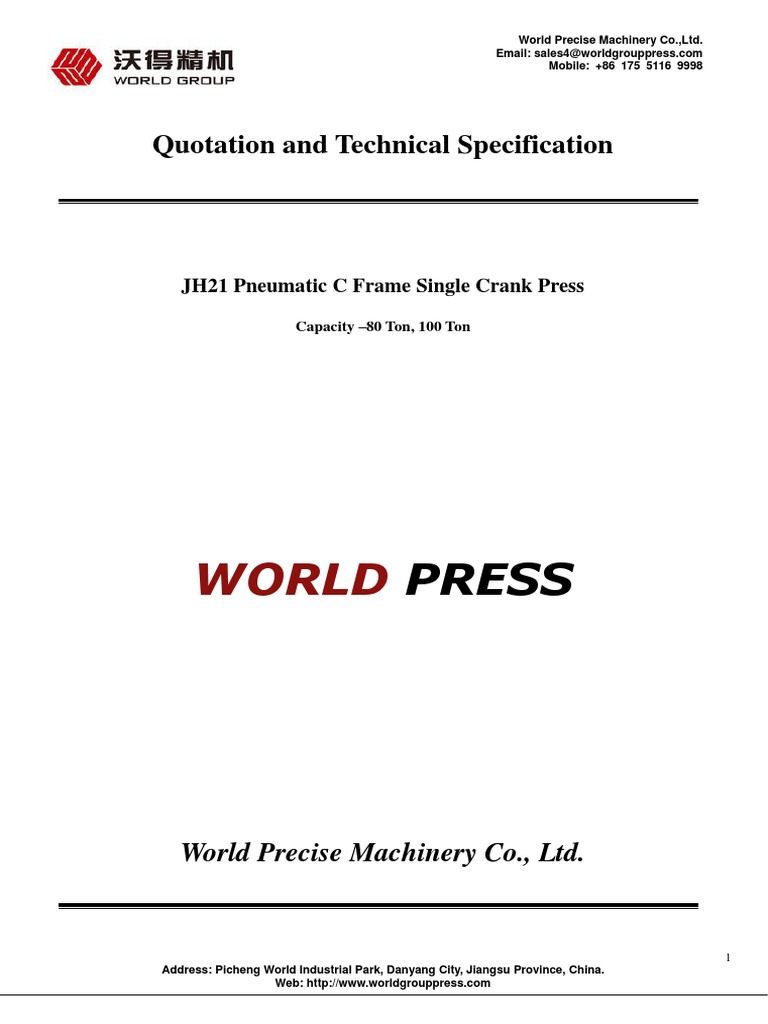 JH21 Pneumatic Press Specifications | PDF | Machines | Clutch