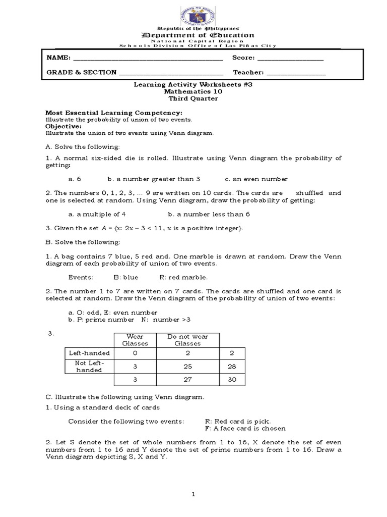 Illustrate The Probability of Union of Two Events. Illustrate The Union ...