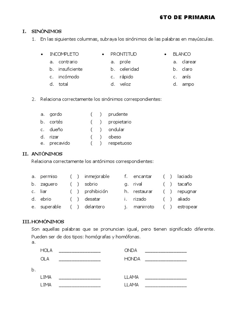 Ejercicios Del Vocabulario para Sexto de Primaria | PDF