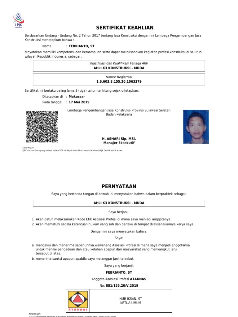 Sertifikat Ahli K3 Konstruksi Febrianto | PDF