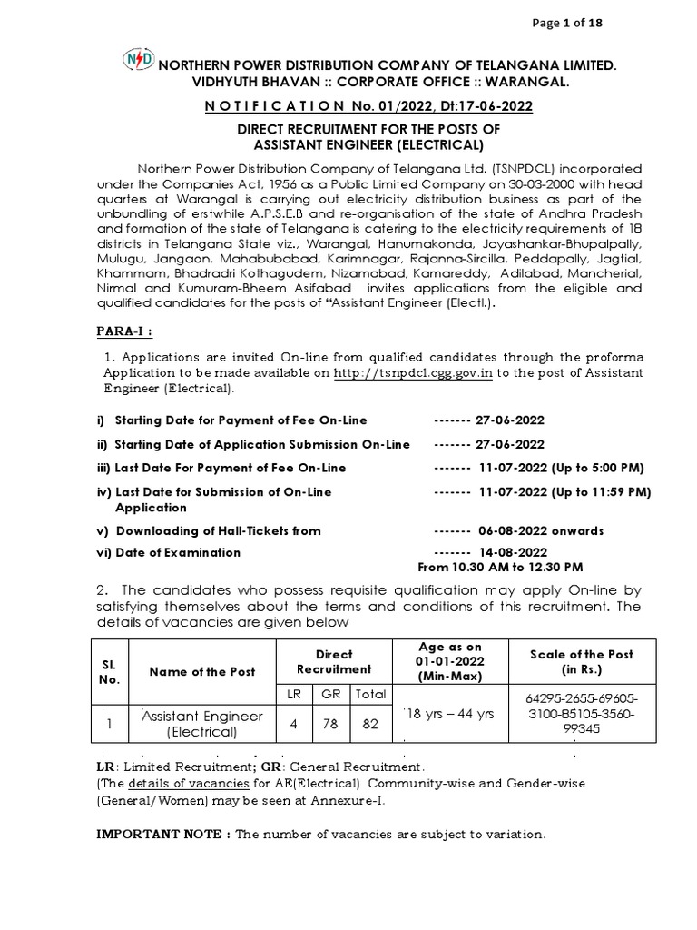 TSNPDCL Assistant Engineer Recruitment 2022 | PDF | Electrical Network ...