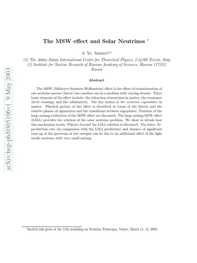 The MSW Effect and Solar Neutrinos | PDF | Neutrino | Applied And ...