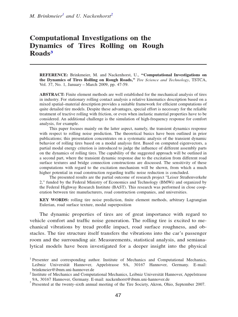 Analysis of the Transient Dynamic Response of Tires Rolling on Rough Roads Through Finite ...