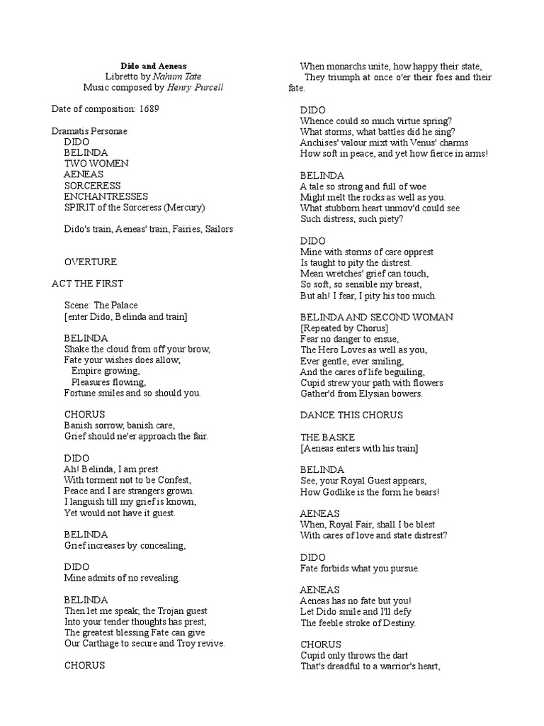 Henry Purcell Dido and Aeneas - Libretto | PDF | Aeneas