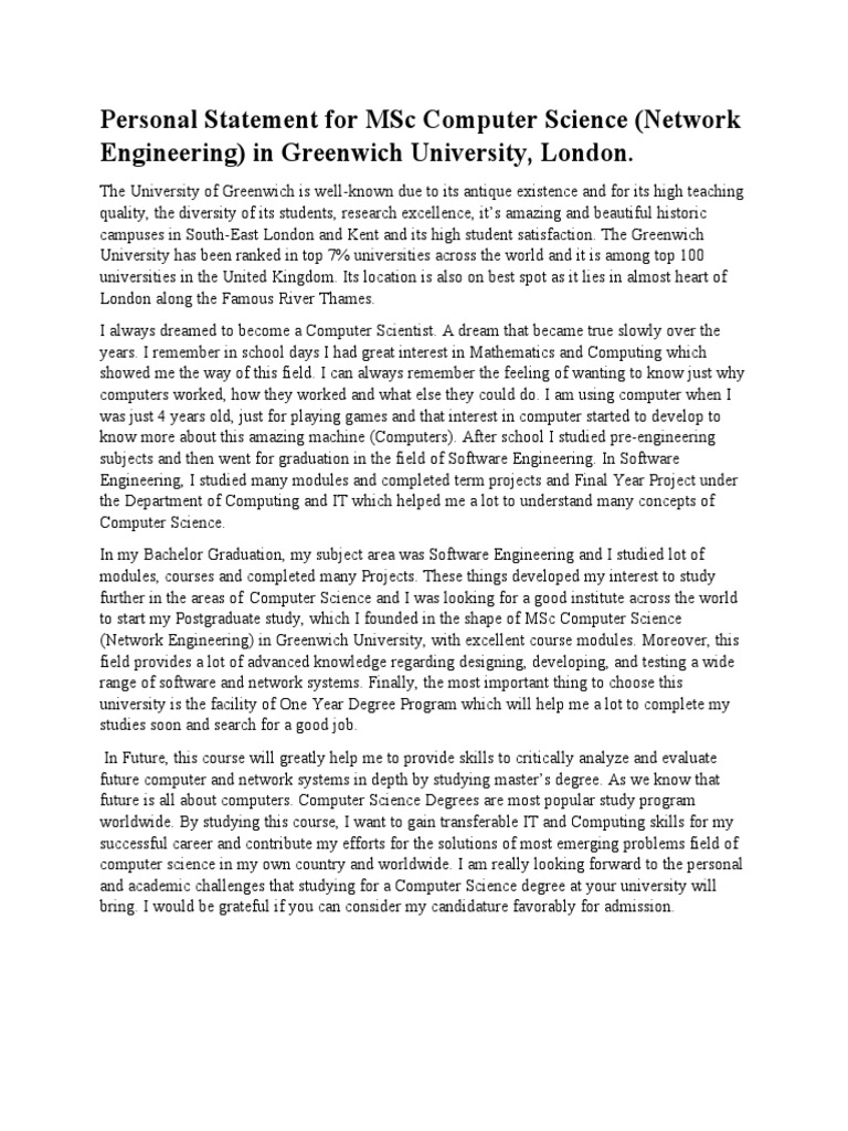 Personal Statement For MSC Computer Science (Network Engineering) in ...