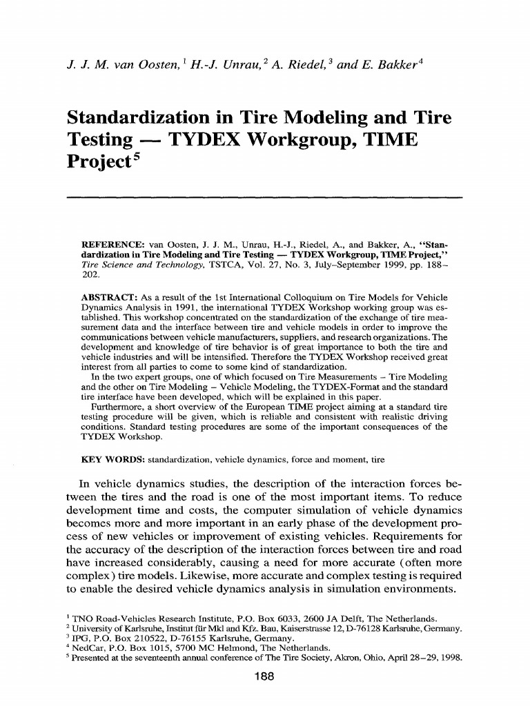 Standardization in Tire Modeling and Tire Testing: Developing ...