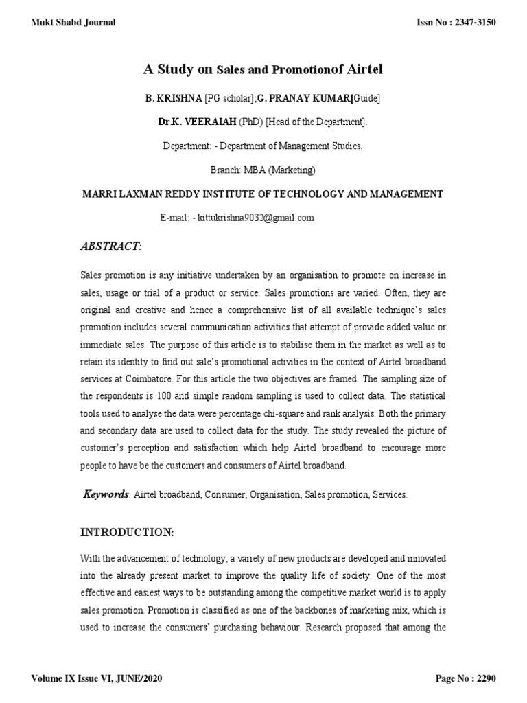 A Study On of Airtel: Sales and Promotion | PDF | Retail | Marketing