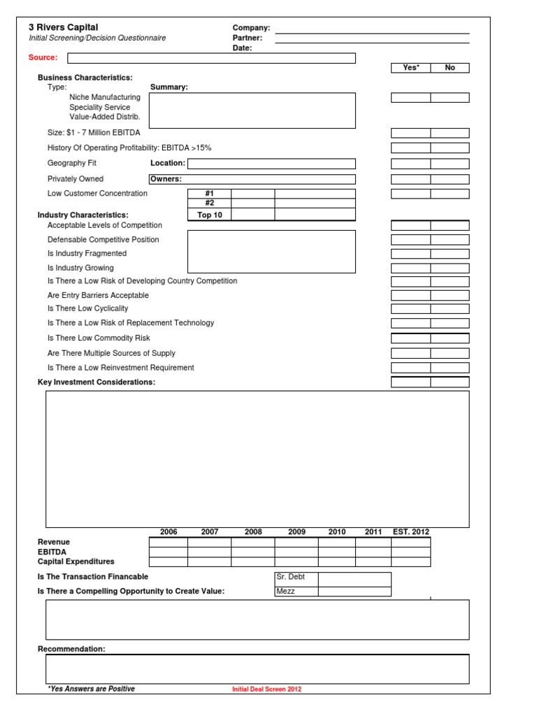 Deal Screening Tool-3 Rivers Capital | PDF | Finance & Money Management