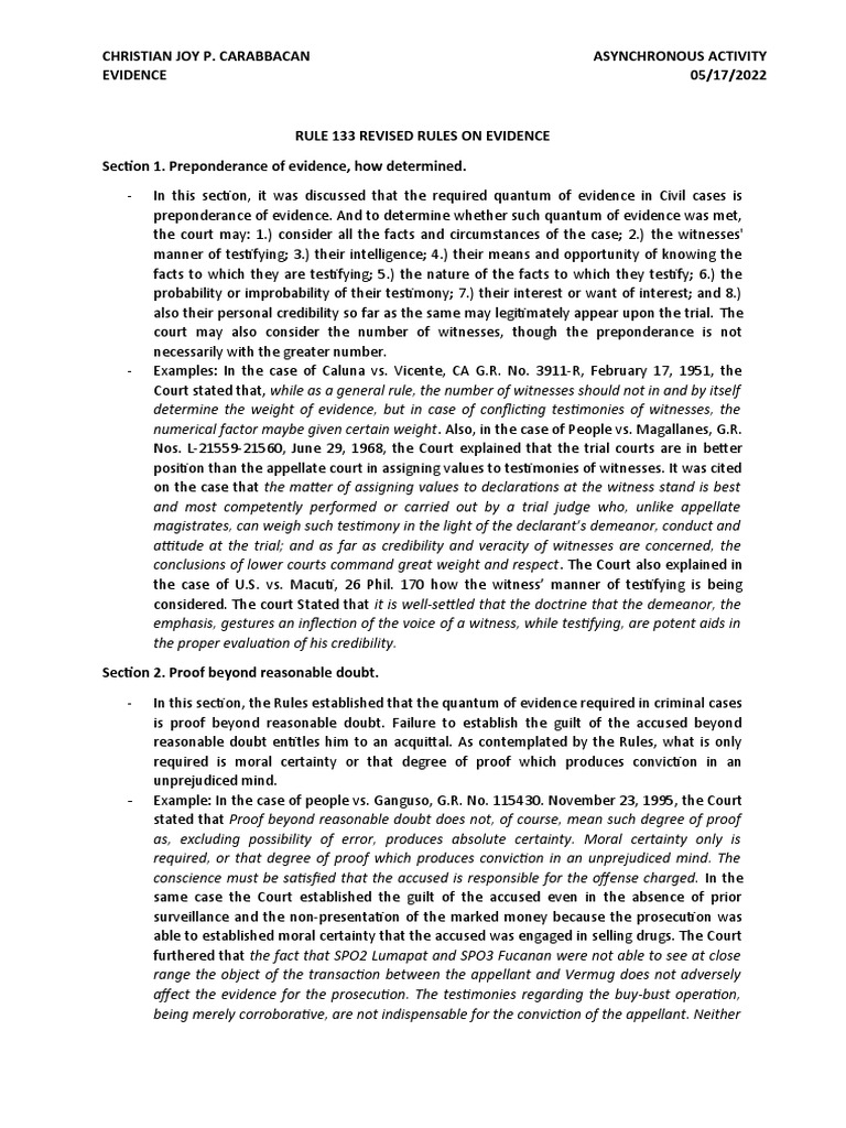 RULE 133 DISCUSSION - Revised Rules On Evidence | PDF | Evidence (Law ...