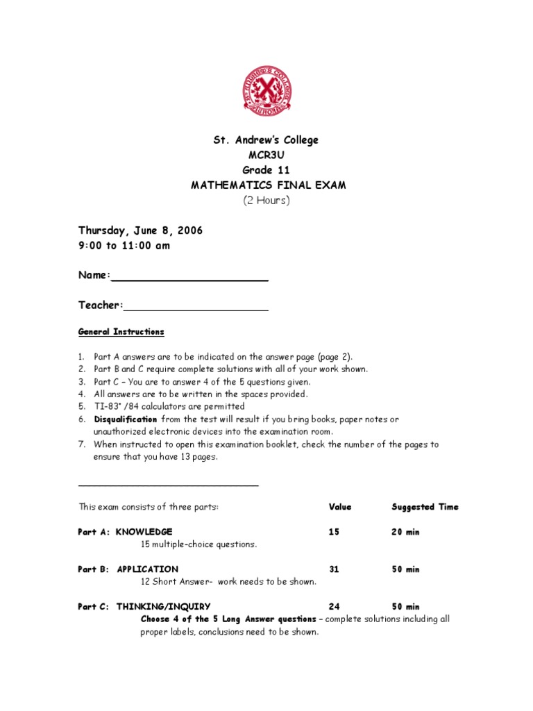 St. Andrew's College Mcr3U Grade 11 Mathematics Final Exam: (2 Hours ...