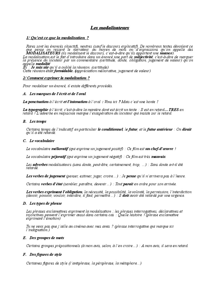 Les Modalisateurs - 3ème | PDF | Phrase | Verbe